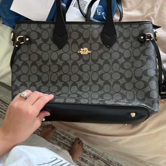 Coach | Bags | Coach Black And Gray Signature Tote With Leather Trim ...